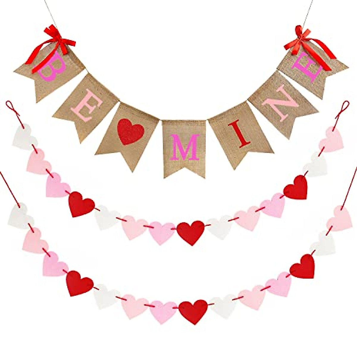 Valentines Day Burlap Banner, Valentines Decor for Home, Be Mine Hanging Banner & 28 Pcs Felt Heart Garland Banner Decor for Mantle Fireplace Wall, Decorations Pre-Assembled - No DIY Required