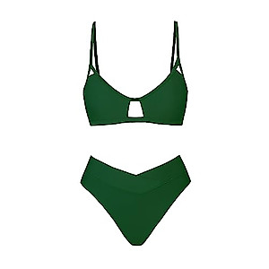 CUPSHE Bikini Set for Women Two Piece Swimsuits High Waisted Cut Out Scoop Neck V Front Bottom, L Dark Green
