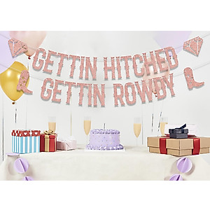 KEWUFD Gettin Hitched Gettin Rowdy Banner, Engagement/Bachelorette/Bridal Shower Party Decorations For Wedding Party Decoration Supplies Rose Gold Glitter
