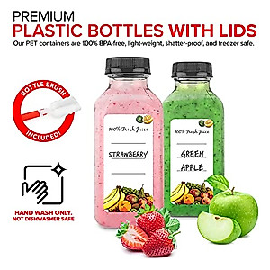 12 oz Plastic Bottles with Caps (100 pack) - Reusable Clear Empty Juice Bottles - 12 Oz Drink Containers for Mini Fridge, Juicer Shots - Mini Water Bottles - Include Labels, Brush & Funnel