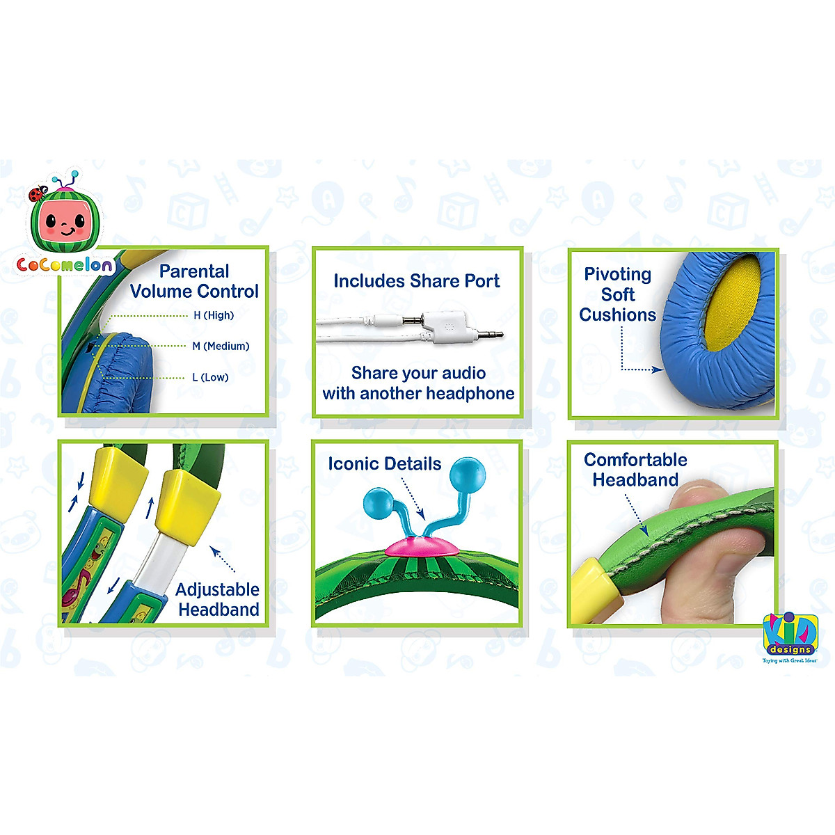 eKids Cocomelon Headphones for Kids, Wired Headphones for School, Home or Travel, Tangle Free Toddler Headphones with Volume Control, 3.5mm Jack, Includes Headphone Splitter