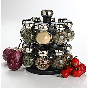 Olde Thompson Orbit Rotating Spice Rack, 16 Refillable Spice Jars With Shaker Tops And Labeled Lids For Frequently Used Spices
