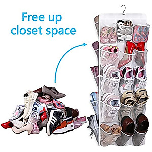 MISSLO 30 Pockets Dual Sided Hanging Baby Shoe Organizer for Closet with Rotating Hanger Hanging Shoe Shelves, White