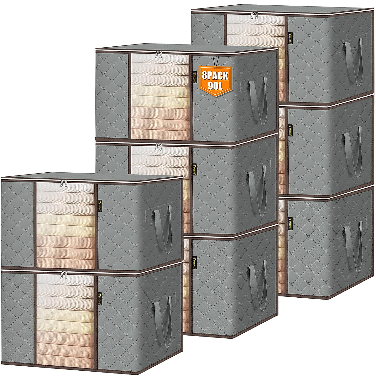 BALEINE 8 Pack Clothes Storage Bags, 24 Gallon Storage Containers with Reinforced Handle Sturdy Zipper, Closet Storage for Blanket Comforter Pillow Bedding (Grey, 8 Pack)