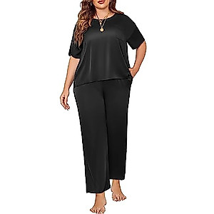 Ekouaer Womens Plus Size Silk Pajama for Women Silk Satin Set Two Piece Short Sleeve Sleepwear Pajamas 3x Sleepwear for Women Plus Size Black 22W