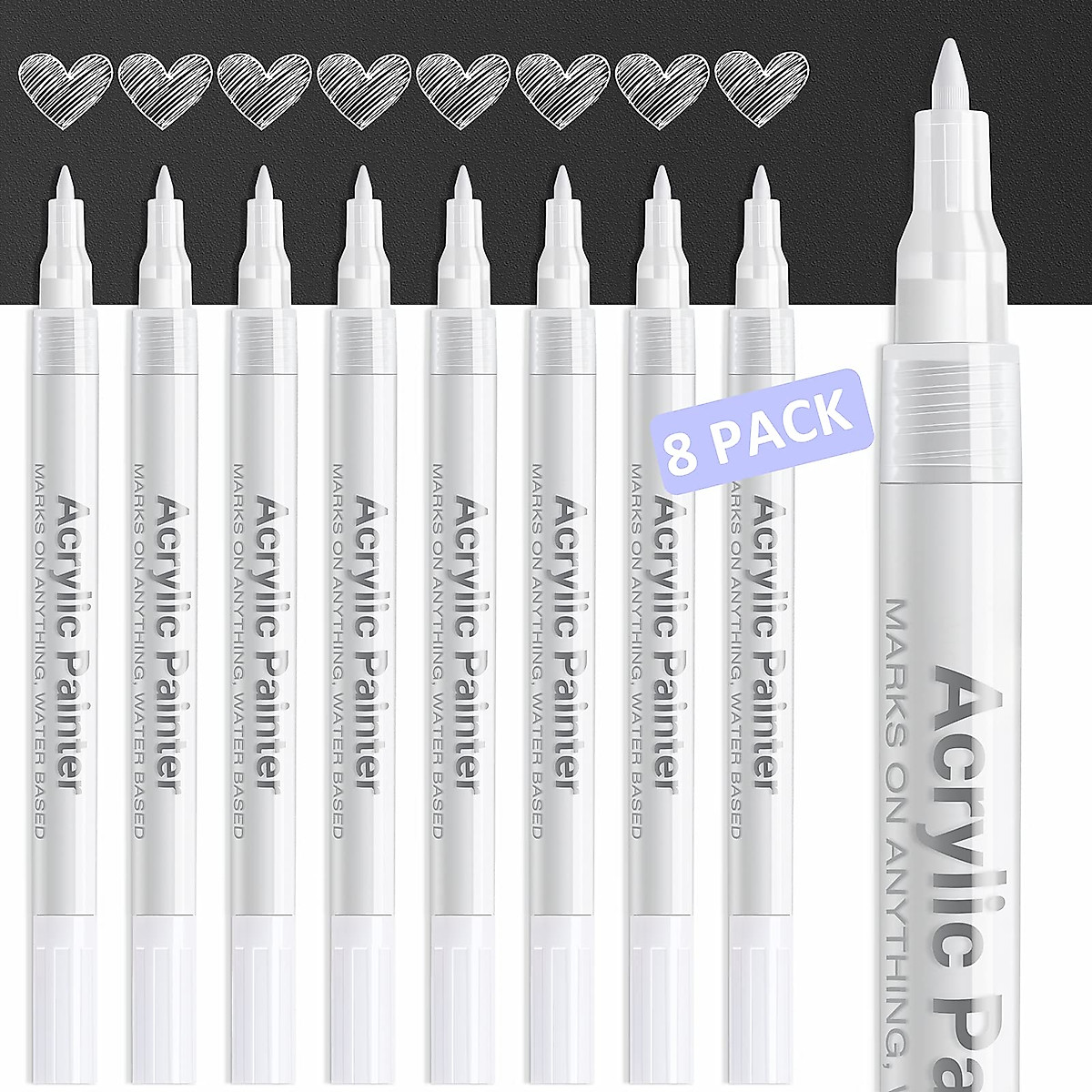 White Paint Pen Acrylic Marker: 8 Pack 0.7mm White Paint Marker for Metal, Art, Wood, Black Paper, Plastic, Ceramic, Metallic, Rock Painting, Drawing, Extra Fine Point, Ideal for Artist & Students