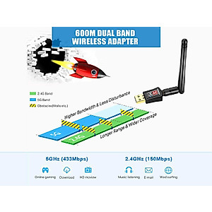 OSGEAR USB WiFi Adapter 600Mbps Wireless Card Network Dongle for PC Laptop Desktop with High Gain 5dBi Antenna Dual Band 802.11a 2.4GHz 150Mbps 5GHz 433Mbps Supports Win10 8 7 XP Vista Mac OS Linux