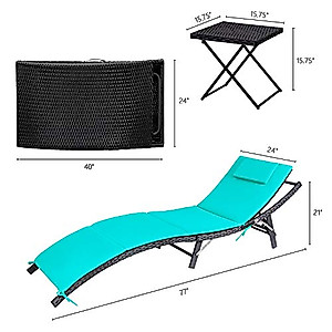 Devoko Patio Chaise Lounge Sets Outdoor Rattan Adjustable Back 3 Pieces Cushioned Patio Folding Chaise Lounge with Folding Table (Blue)
