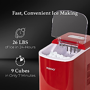Igloo Electric Countertop Ice Maker Machine - Automatic and Portable - 26 Pounds in 24 Hours - Ice Cube Maker - Ice Scoop and Basket - Ideal for Iced Coffee and Cocktails - Red