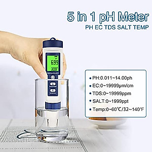 5 in 1 pH Tester for Water, Digital PH Tester Pen 0.01 High Accuracy Water Testing Kits with ATC/EC/TDS/Temp for Hydroponic, Water Quality Monitor, Pool, Aquarium