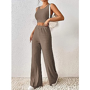 ZAFUL Women Two Piece Pajamas Set Solid Ribbed Knit Crop Tank Top Wide Leg Pants Loungewear Set