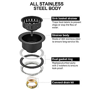 BOTEMY B9171 Black Kitchen Sink Drain Kit 3 1/2 Sink Strainer for Kitchen Sink with Stainless Steel Strainer Stopper Drain Assembly Basket Strainer Fit Standard Sink Drain Hole