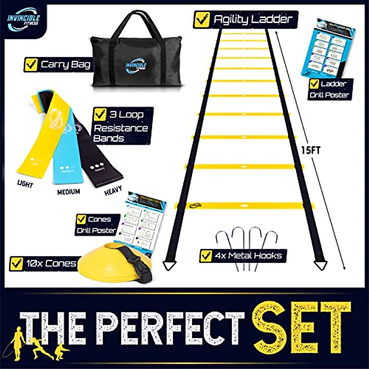 Invincible Fitness Agility Set - 10 Cones, 4 Hooks, 3 Resistance Bands & Bag - Improve Coordination, Speed, Power & Strength - Soccer, Football, Basketball, Tennis - for All Ages