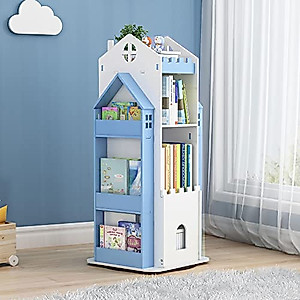 MYOYAY Rotating Bookshelf Kids 360° Rotating Children's Bookcase 3 Tier Swivel Bookshelf Stackable Book Dhelf Organizer Blue Kids Book Display Shelf for Home Child's Bedroom
