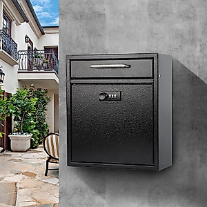 KYODOLED Steel Combination Lock Mail Boxes Outdoor,Locking Wall Mount Mailbox,Security Key Drop Box,12H x 10.51L x 4.68W Inches,Black Large