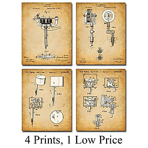 Original Tattoo Machine Patent Prints - Set of Four Photos (8x10) Unframed - Makes a Great Tattoo Artist Gift - Tattoo Shop Decor and Gift Under $20 for Tattoo Artists and Ink Fans