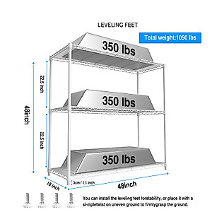 Ufurpie 3 Tier Wire Shelving Unit, NSF Metal Shelf 1050lbs Capacity Adjustable Shelves Organizer Rack with Shelf Liners for Home Kitchen Office Garage Bedroom Basement, 48" H x 48" L x 18" D