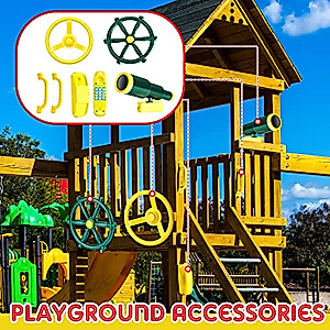 Playground Accessories Backyard Pirate Plastic Ship Playset Plastic Playground Equipment Set with Ship Wheel, Telescope, Safety Handlestoy Phone for Outdoor Playhouse Treehouse Playset(Yellow, Green)