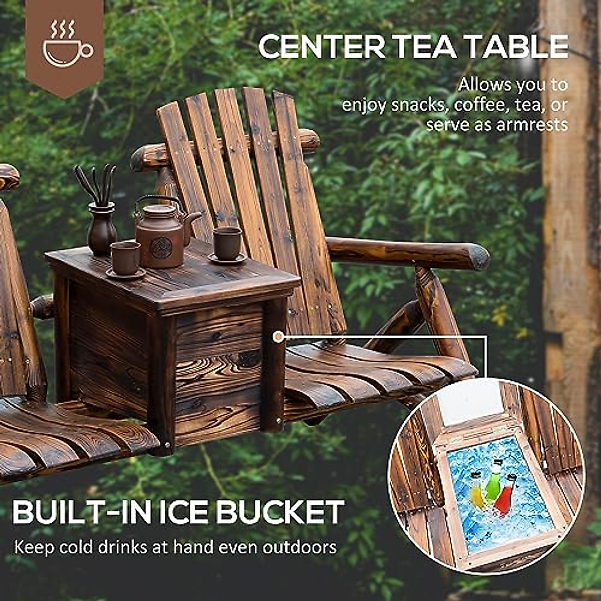 Outsunny Double Wooden Adirondack Chair with Ice Bucket, Outdoor Loveseat with High Backrest, Smooth Armrest, Rustic Brown