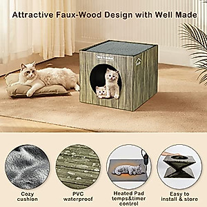 Cat House with Pet Heating Pads, Safe Indoor Outdoor Heated Kitty Shelter Winter Heat Mat w/ Electric Temperature Time Control, Easy Set Up