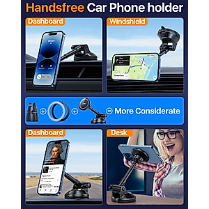2024 Upgraded for Magsafe Car Mount【True Military-Grade 360°Suction Cup】 Handsfree Powerful Magnetic Cell Phone Holder for Car Dashboard Windshield for iPhone 15 14 Pro Max Mini,Black