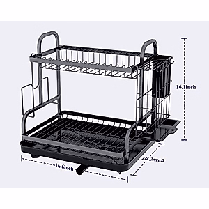 Kitsure Dish Drying Rack -Multifunctional Dish Rack, Rustproof Kitchen Dish Drying Rack with Drainboard & Utensil Holder, 2-Tier Dish Drying Rack with a Large Capacity for Kitchen Counter