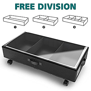 3rd Generation Under Bed Storage with Wheels 2-in-1 Underbed Storage Bins Containers Label Shoe Storage Organizer Drawer Bag Clear Window Solid Fabric for Bedroom Clothes Shoe Blanket (one-black)