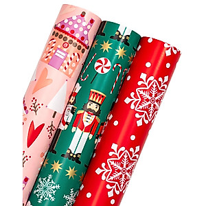 WRAPAHOLIC Christmas Wrapping Paper Roll - Mini Roll - 3 Rolls - 17 Inch X 120 Inch Per Roll - Nutcracker, House, Snowflake Holiday Collection