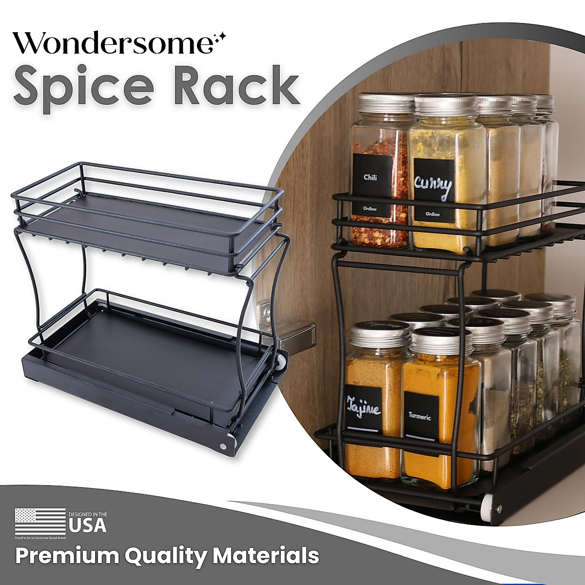 Wondersome Pull-Out Spice Rack Organizer for Cabinet Shelf - Matt Black - 2-Tier Kitchen Jars Organization and Storage Tray - EZ-Slide Rolling Drawer Wheels - Assembles in Moments - US-Based Brand