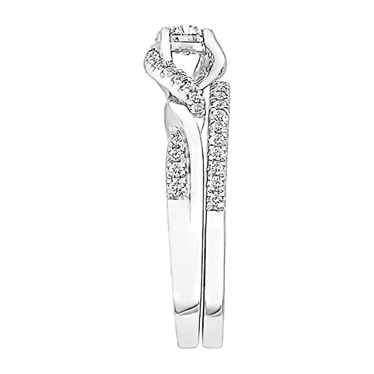 2 CT Round Shape White Cubic Zirconia Rope Bypass Wedding Engagement Bridal Ring with Band in 14K White Gold Plated 925 Sterling Silver (2 Cttw) Ring Size -7