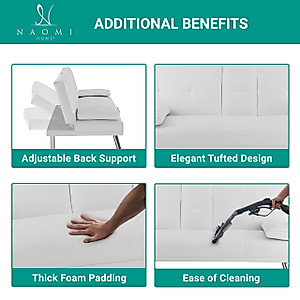 Naomi Home White Faux Leather Futon Sofa Bed, 3-Position Reclining Small Couch with Armrest, 2 Cupholders, 500 lbs Weight Capacity, Living Room