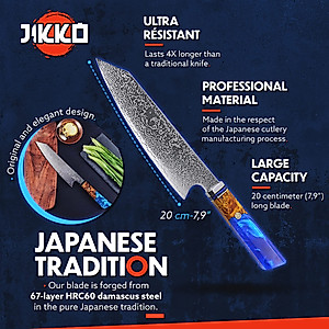 Jikko New Japanese Damascus Chef knife 13" Inch with Approved HRC60 Sharp Blade - Original model - Chef Knife with Ultra-Sharp Damascus Steel Blade and Rare Cocobolo Wood Handle