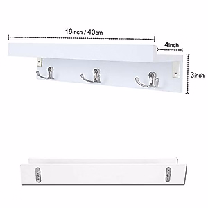 Satauko Wall Mounted Coat Rack Shelf Décor for Photo Ledge Display, Wood Wall Key Holder Hooks Storage, White Floating Shelves Organizer for Entryway, Kitchen, Bathroom.