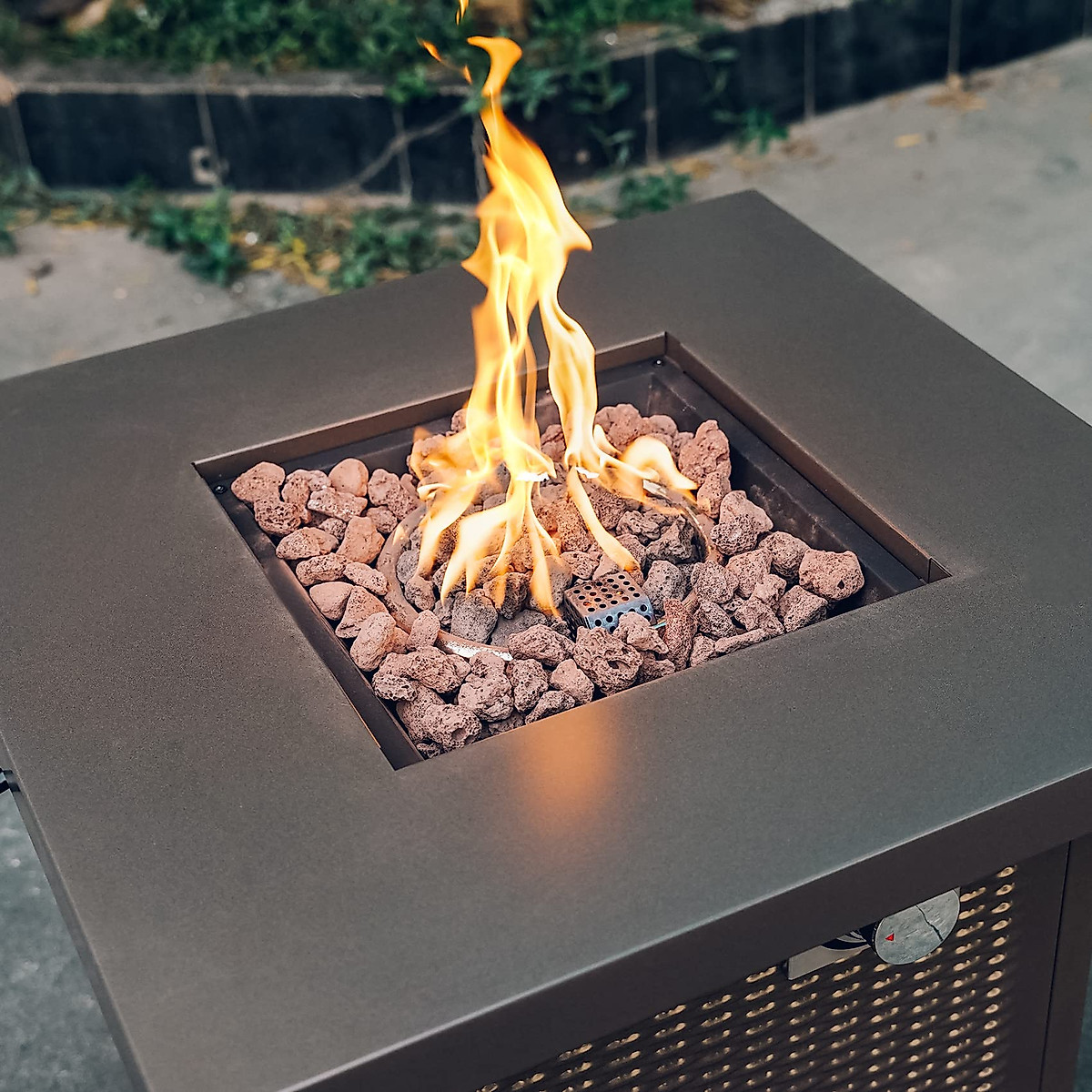 Propane Fire Table, Outdoor Fire Pit Table with Lid and Lava Rock, 28" Large Fireplace with Auto-Ignition 50000 BTU, Gas Fire Pits for Patio Garden Backyard, Brown