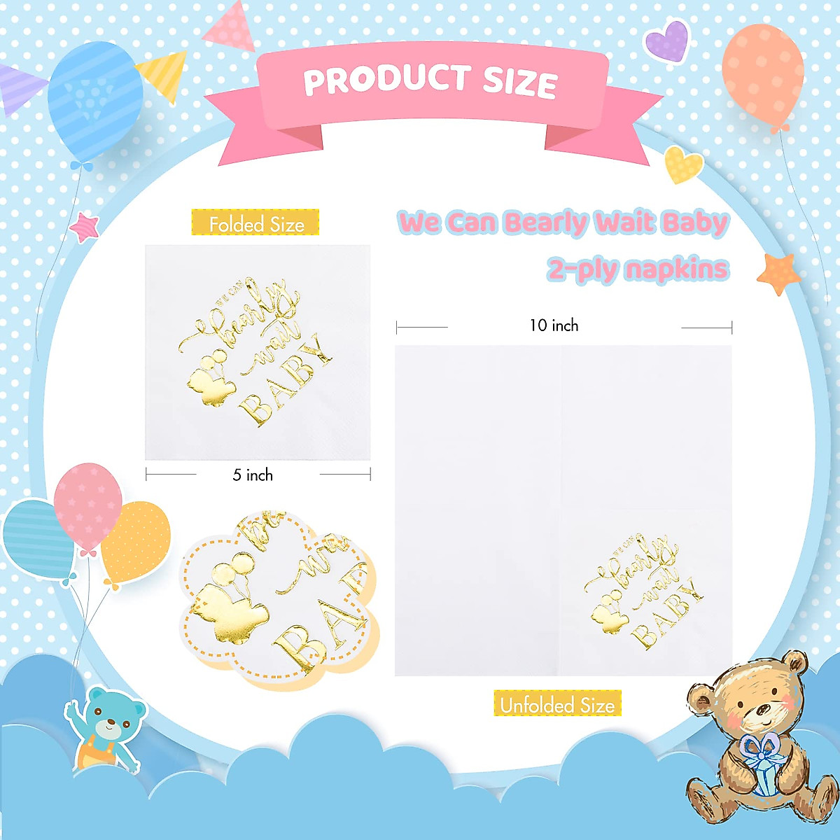 Crtiin 100 Pcs We Can Bearly Wait Baby Shower Napkins, Baby Shower Decorations for Boy, Bear Favors Napkins Cocktail Dessert Disposable Napkin Paper for Boy or Girl Party Supplies, White Gold