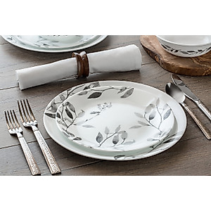 Corelle 12-Piece Vitrelle Misty Leaves Chip and Break Resistant Dinner Set, Grey