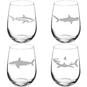 MIP Set of 4 Wine Glass Goblet Sharks (17 oz Stemless)