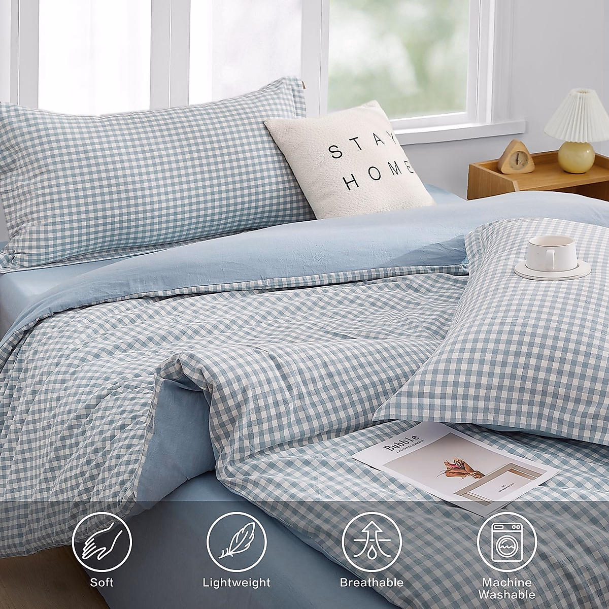 SAPHREAS Home Twin Light Blue Plaid Duvet Cover 100% Washed Cotton Soft Comforter Cover Simple Style 2pcs 1 Blue Grid Duvet Cover with Zipper Ties 1 Pillowsham