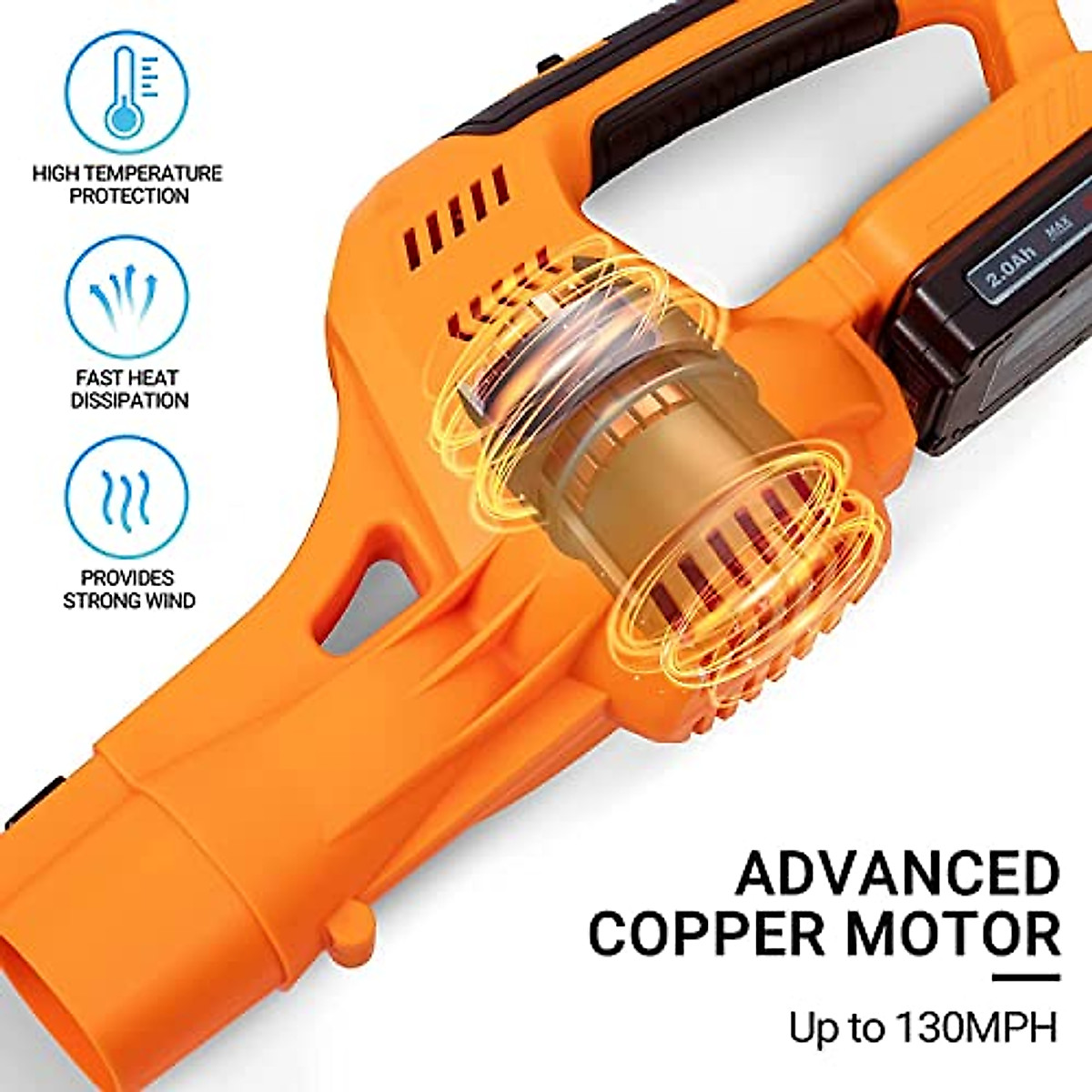 WISETOOL 20V Cordless Leaf Blower with Battery and Charger, Leaf Blower Battery Operated, Rechargeable Electric Handheld Leaf Blower Variable Speed With 2 Tubes For Patio, Leaves & Snow Blowing-Orange