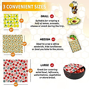 PICcircuit Beeswax Wrap - 3 Pack Eco-Friendly Beeswax Wraps For Food, Organic, Sustainable, Biodegradable, Zero Waste, Reusable Beeswax Food Wrap, 1L Strawberry, 1M Orange, 1S Lemon Patterns