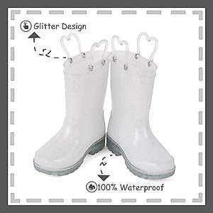 Outee Toddler Girls Rain Boots Kids Baby Light Up Glitter Waterproof Rubber Mud Shoes Lightweight Sparkle Silver Adorable with Easy-On Handles Non Slip (Size 9,Silver)