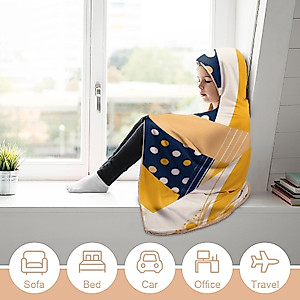 Elegant Navy Blue Mustard Yellow White Stripes Geomestry Hooded Blanket Spring Summer Flower Elegant Line Plush Warm Fluffy Blanket for Adult And Kids Comfortable Throw Blankets for Couch Bed 60"x80"
