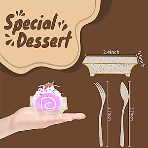 100 Pieces 1oz Mini Dessert Plates with Spoons Forks 2.4 inch Gold Glitter Disposable Square Appetizer Trays Small Clear Gold Tasting Plate for Dessert Salad Sauces Tastings Cake Wedding Party