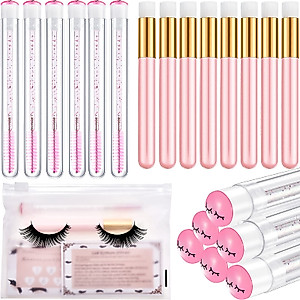 12 Pieces Eyelash Aftercare Bags 12 Lash Shampoo Brushes 12 Mascara Wands with Tubes 25 Lash Aftercare Cards 25 Refill Filler Lash Punch Cards Eyelash Makeup Accessories, 86 Pieces of Total (Pink)