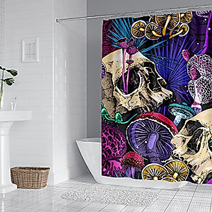 RinRinfam 4Pcs Purple Trippy Mushroom Shower Curtain Set, Fantasy Plant Skeleton Cool Skull Shower Curtain Set Non-Slip Rug,Toilet Lid Cover,U Shape Mat,Waterproof Bathroom Decor Sets with 12 Hooks