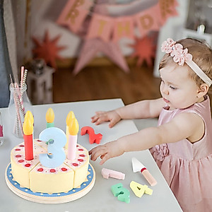 Steventoys Wooden Cutting Birthday Cake Toys,Birthday Fake Cake Toy with Candles and Numbers, Pretend Play Food Set ,Montessori Tea Party Toys Learning Kitchen Toys for Boys Girls 1-6 Years