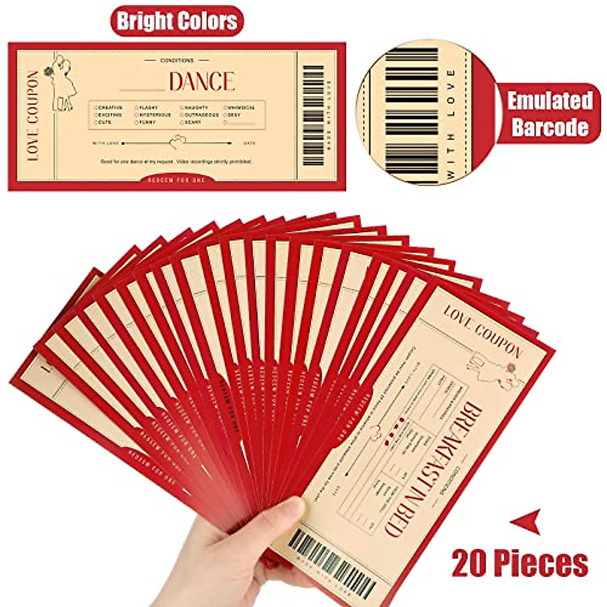 Zonon 20 Pieces Valentine‘s Day Love Coupon Cards for Sweet Couple, Husband, Wife, Boyfriend or Girlfriend Romantic Gift for Wedding, Anniversary or Birthday, 20 Designs(Red and Light Brown)