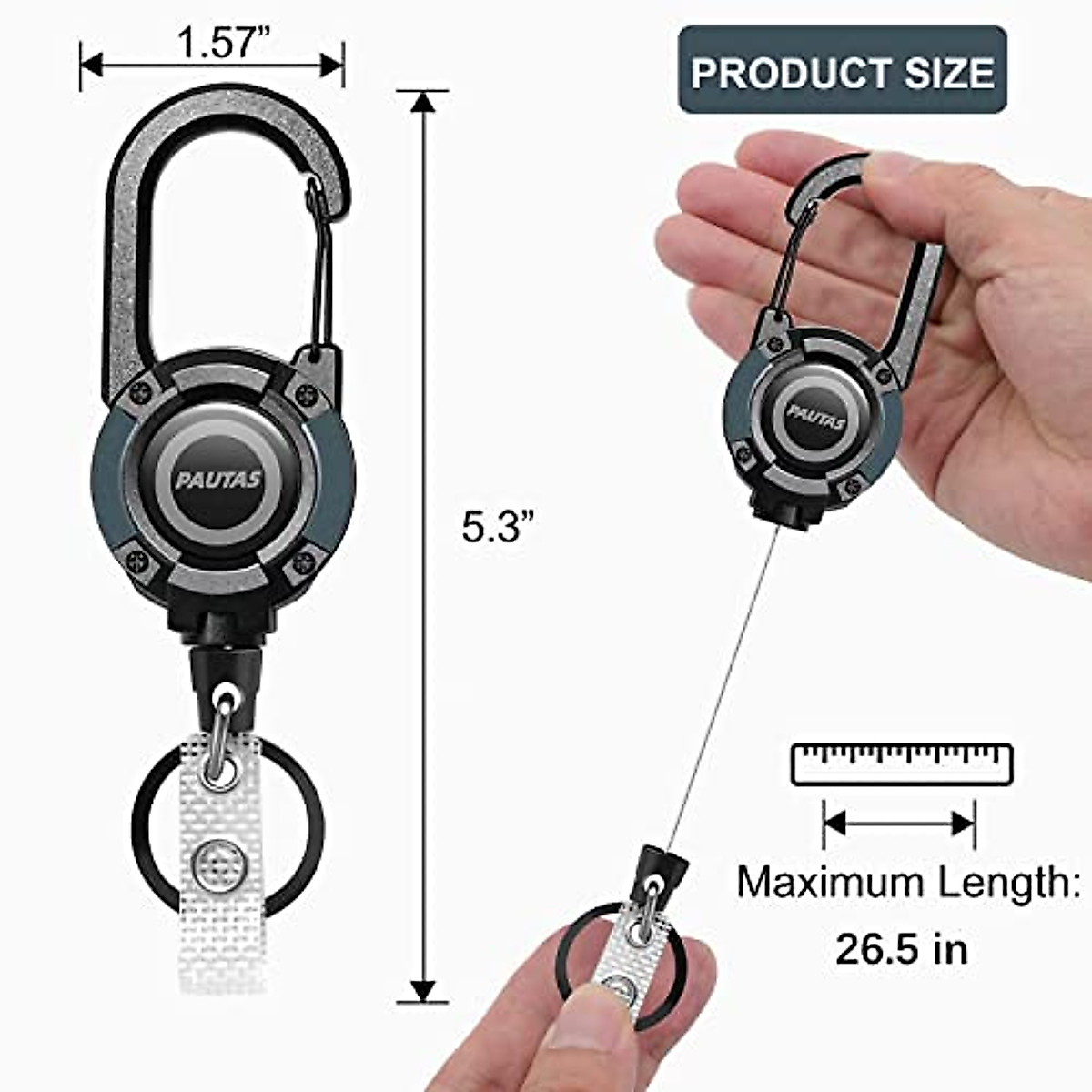 Retractable Badge Holders, 2-Pack Badge reels Retractable, Heavy Duty Badge Clip with Carabiner Key Chain, ID Badge Reel with 26.5 Inches High-Density Fiber Cord, 2.0 oz