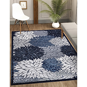 CAMILSON Indoor/Outdoor Rug, Navy Blue 5x7 Floral Exotic Tropical Area Rugs for Indoor and Outdoor patios, Easy-Cleaning Non-Shedding Living Room, Garden and Kitchen Washable Outside Carpet (5 x 7)