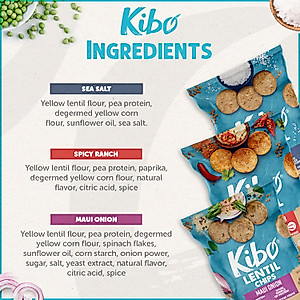 Kibo Lentil Chips Variety Pack - Gluten-Free Vegan Chips - Non-GMO Verified - Plant-Based 28 grams – Maui Onion, Sea Salt, and Spicy Ranch - 12 pack